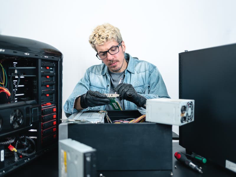 Technician Man Wearing Eyeglasses Repairing Desktop Computer Stock ...