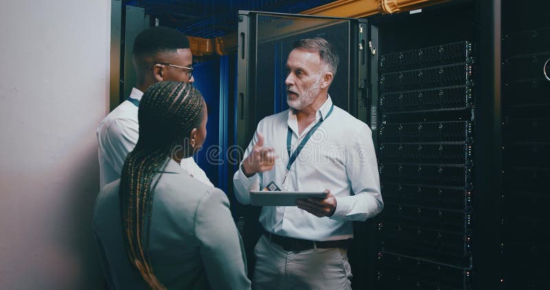 Technician Manager And Tablet In Server Room For Programming Engineering And Cloud Computing