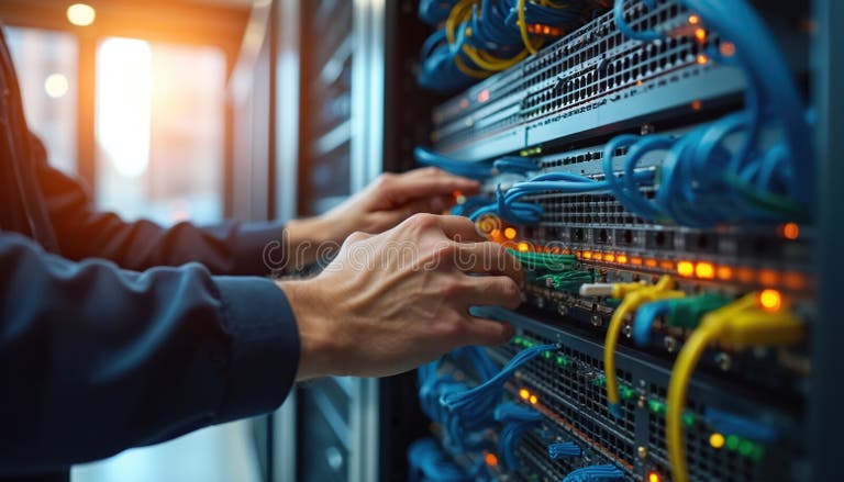 Technician Manages Network Server Infrastructure in Modern Office ...