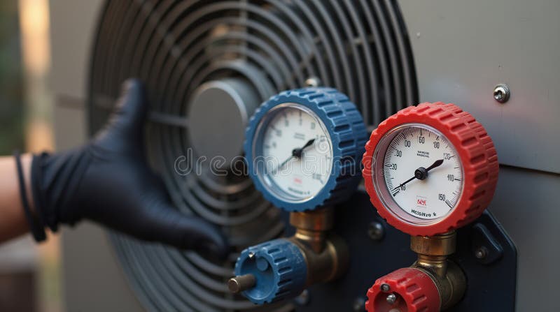 Technician Measuring HVAC System Pressure Using Professional Diagnostic ...