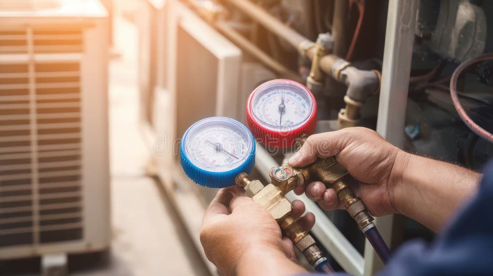 The Technician Measuring Pressure with Gauges in an HVAC System. AI ...