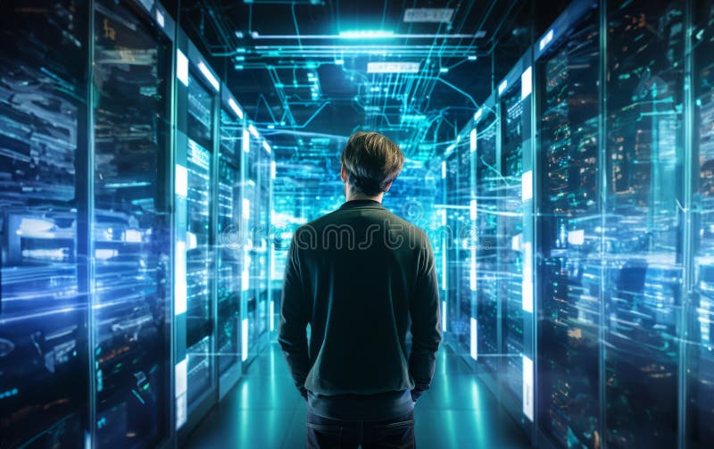 A Technician Walks through a Blue Server Room, Checking on the Status ...