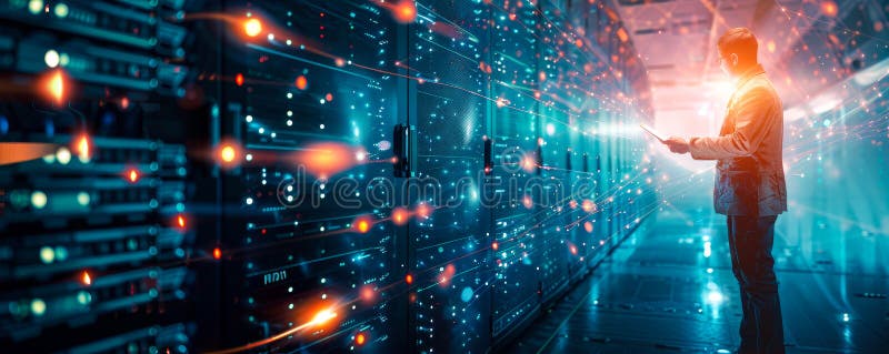 Technician Monitoring Data Center Server Racks Network Cybersecurity Computer Programmer