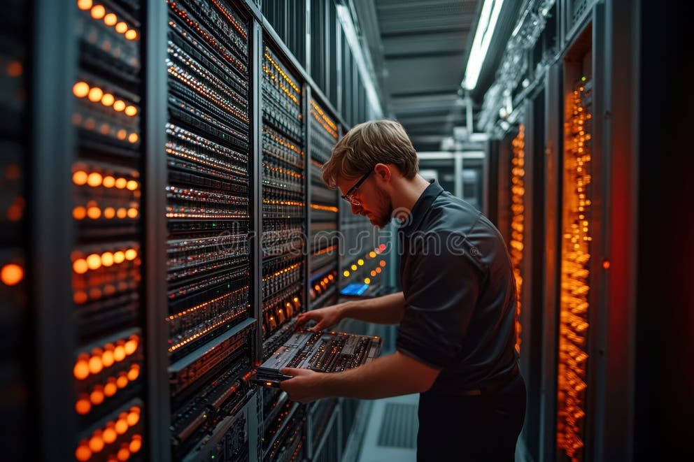 A Technician Monitors Server Equipment in a Data Center, Ensuring ...