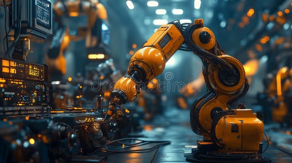 Technician Operates Advanced Robotic Arm in High-tech Manufacturing ...