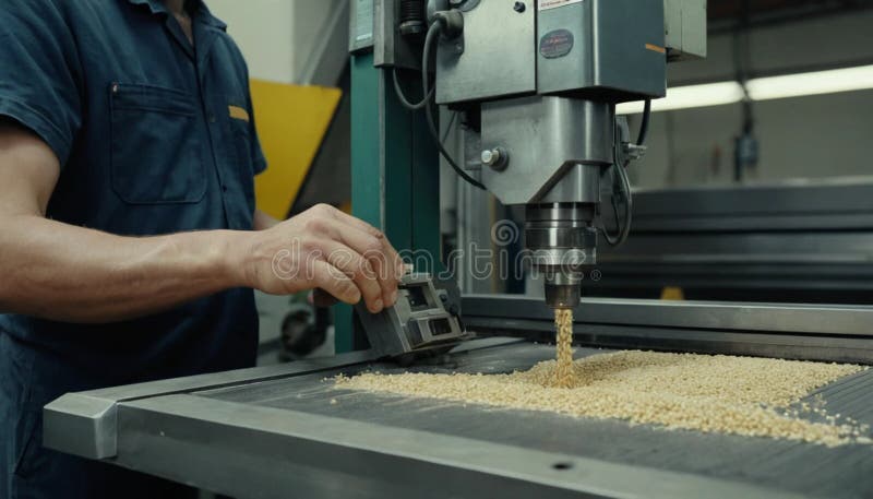Technician Operating Drill Press with Metal Shavings in Industrial ...