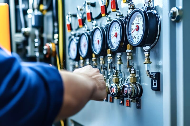 Technician Operating Industrial Control Panel Pressure Gauges Stock ...