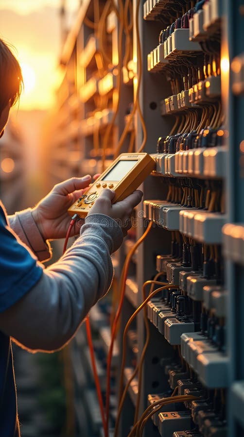 Technician Operating Measurement Equipment on an Electrical Panel ...