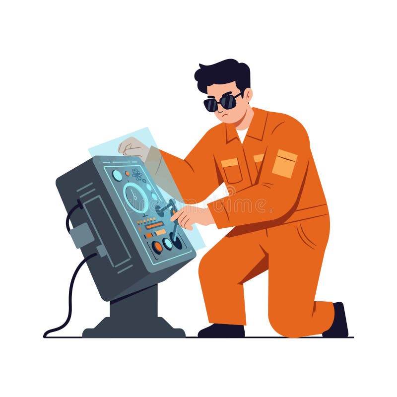 Technician in an Orange Jumpsuit Operating a Control Panel in a Flat ...