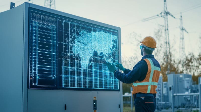 Technician Performing Maintenance on Battery Storage System in Field ...