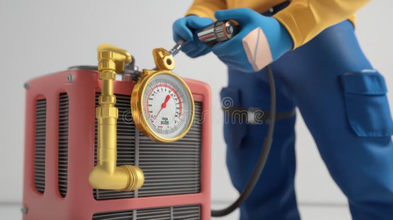 Technician Performs Maintenance on Air Conditioning Unit Using Pressure ...