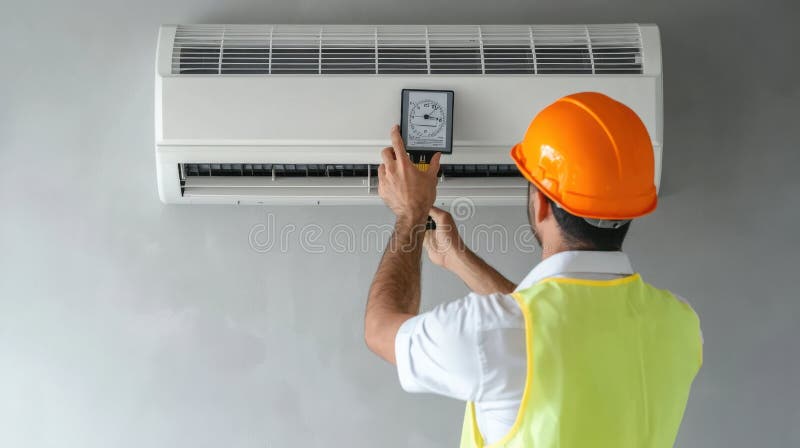 Technician Performs Routine Maintenance on Air Conditioning Unit in ...