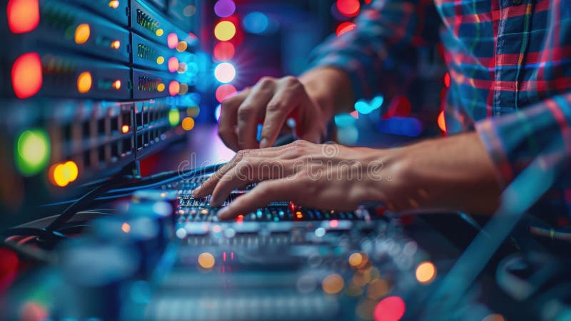Technician Working on a Soundboard at an Event with Colorful Lights in ...