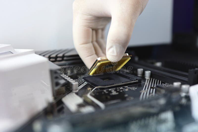 Technician Plug in CPU Microprocessor To Motherboard Socket. Workshop ...
