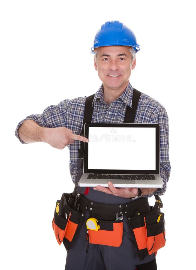 Technician Pointing on Laptop Stock Image - Image of cheerful, pose ...