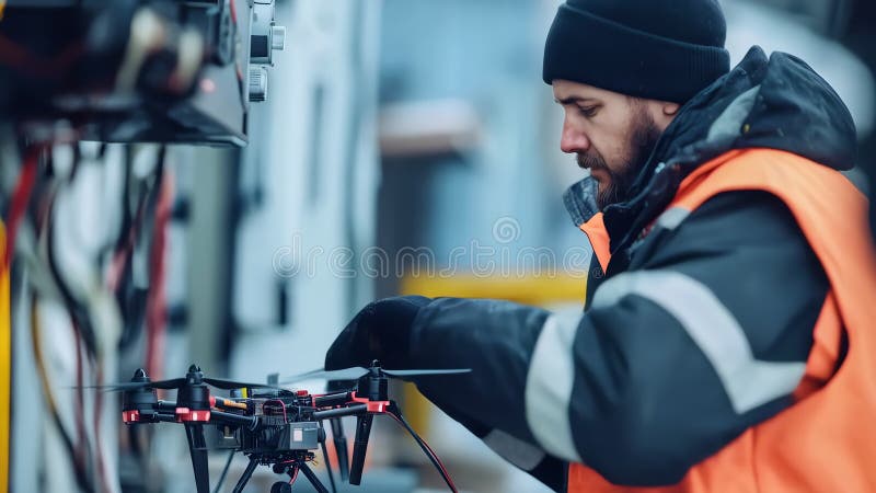Technician Prepares Drone for Operation in Industrial Setting during ...
