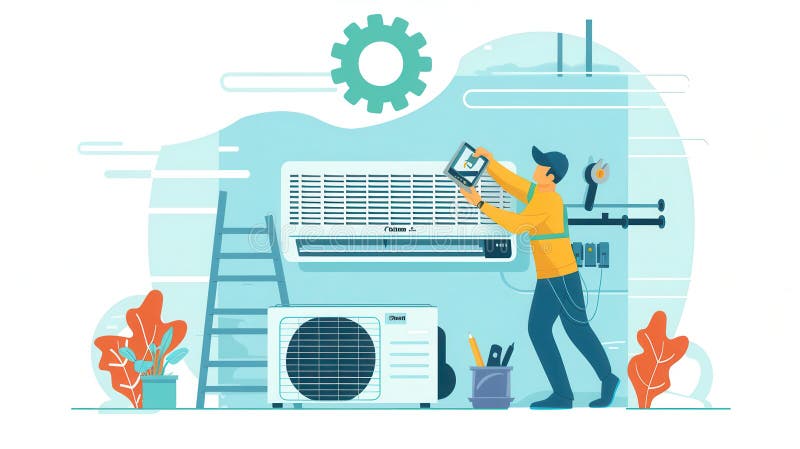 Technician Installs an Air Conditioning Unit in a Residence during the ...