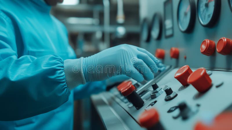 Technician in Protective Gear Adjusting Control Panel in Industrial ...