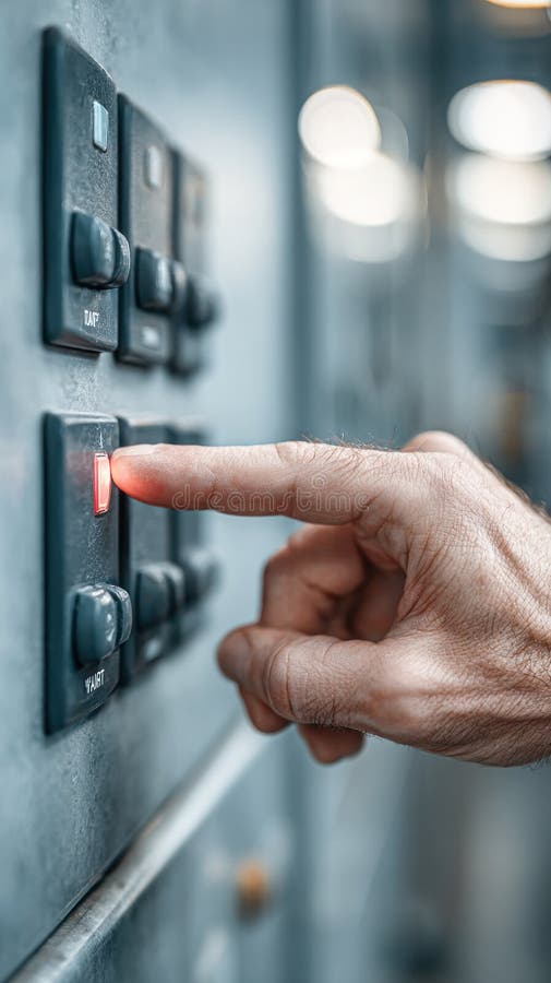 Technician Pushing Red Button on Control Panel Stock Photo - Image of ...