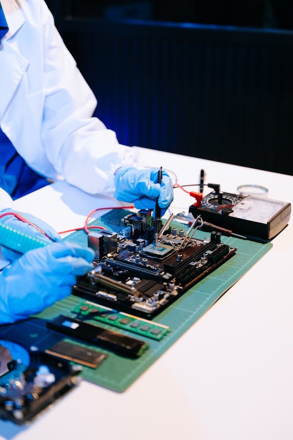 The Technician is Putting the CPU on the Socket of the Computer ...