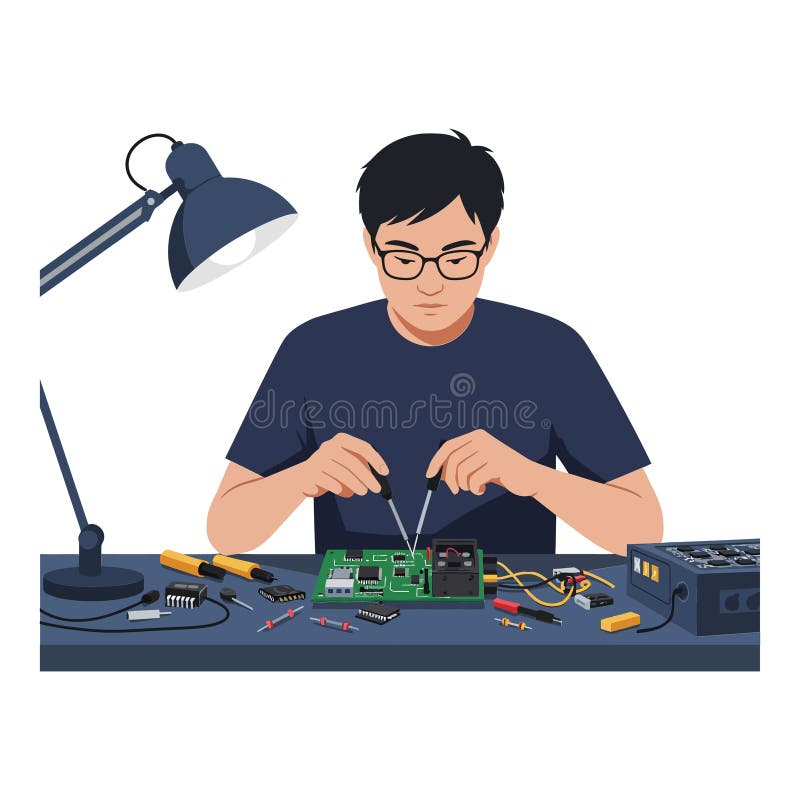 Technician Repairing Circuit Board with Tools in Flat Vector Art Stock ...
