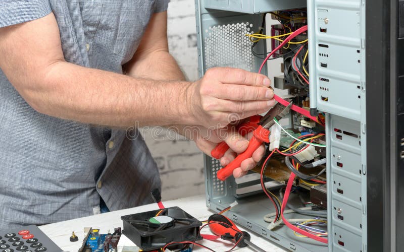 Technician Repairing Broken Pc Desktop Computer with Stethoscope Stock ...