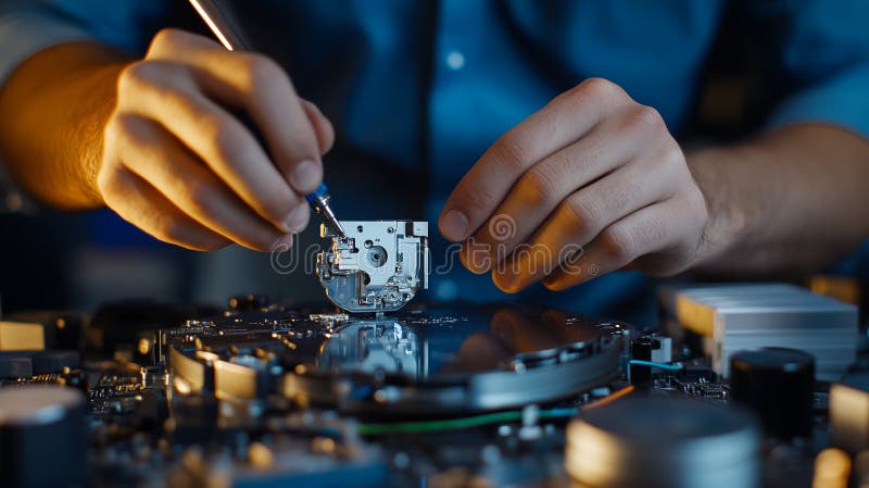 Technician Repairing Electronic Device in Workshop with Tools and ...