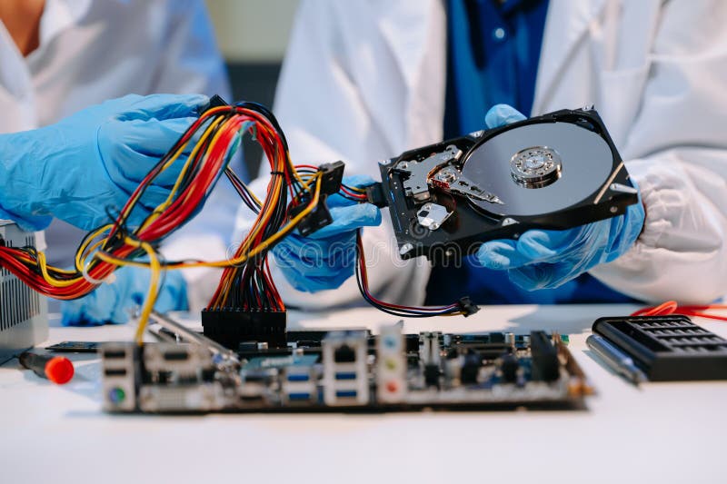 Technician Repairing Inside of Hard Disk Drive by Screwdriver. the ...
