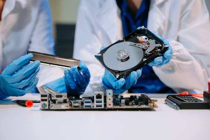 Technician Repairing Inside of Hard Disk Drive by Screwdriver. the ...