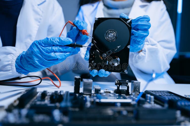 Technician Repairing Inside of Hard Disk Drive by Screwdriver. the ...