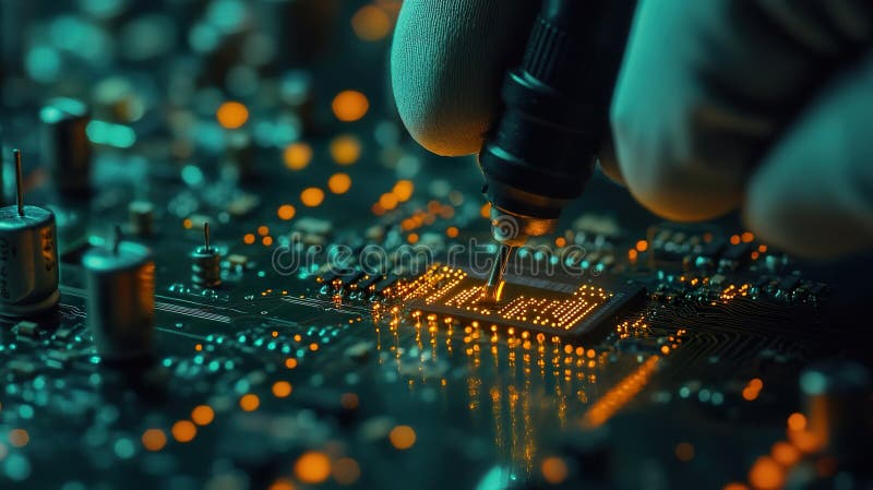Technician Repairing Microchip on Circuit Board Stock Image - Image of ...