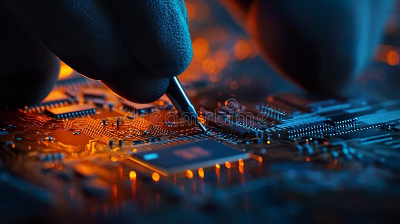 Technician Repairing Microchip on Circuit Board Stock Photo - Image of ...