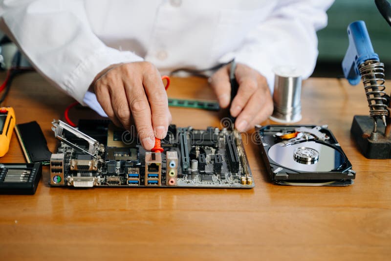 The Technician Repairing the Motherboard in the Lab with Copy Space ...