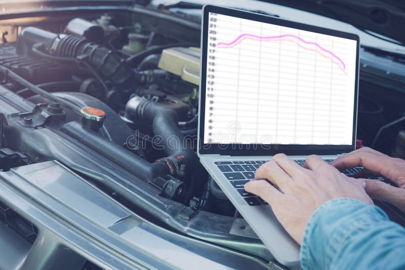 Technician`s Hand Using Computer Analyze the Data of the Car To Check ...