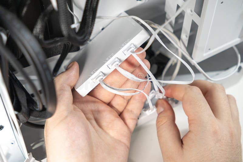 Technician Connecting White LED Cables To RGB Controller Inside ...