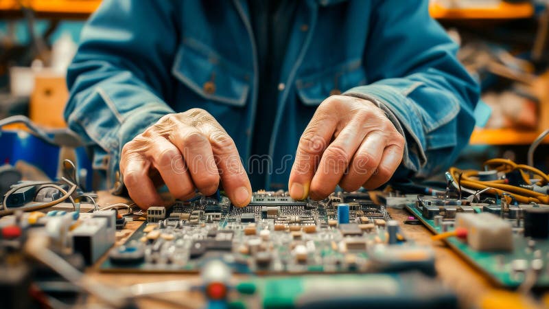 A Technician S Hands are Repairing a Circuit Board in an Electronics ...