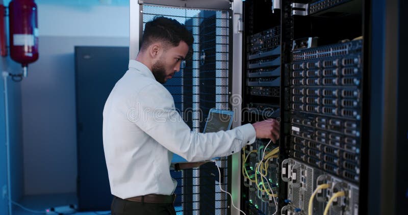 Technician, Server Room and Laptop with Cables Connection for System ...