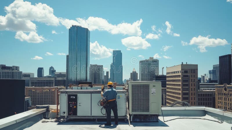 A Technician Services Rooftop HVAC Units with a City Skyline in the ...