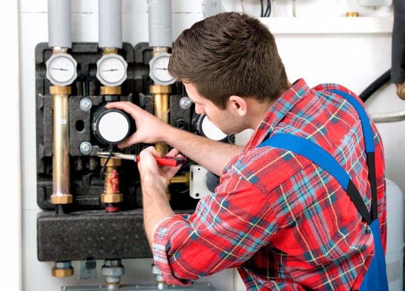 Technician Servicing Heating Boiler Stock Image - Image of check ...