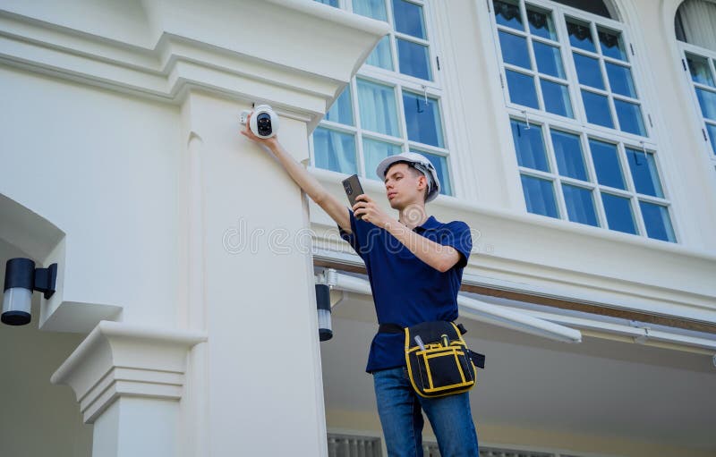 A Technician Sets Up a CCTV Camera on the Facade of a Residential ...