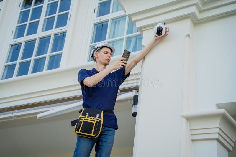 A Technician Sets Up a CCTV Camera on the Facade of a Residential ...