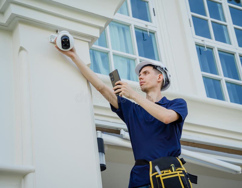 A Technician Sets Up a CCTV Camera on the Facade of a Residential ...