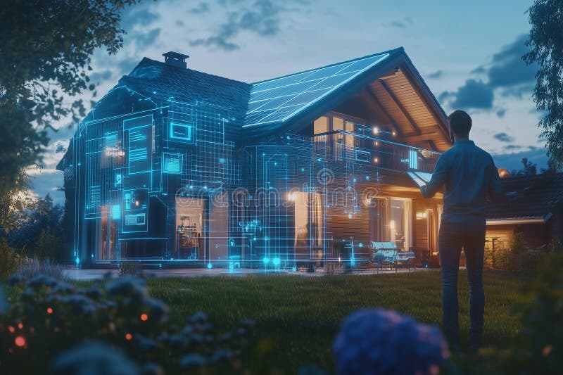 Technician Setting Wireless Network Solar System with Holographic ...