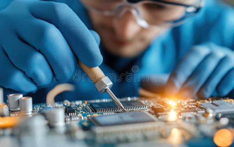 Technician Soldering Circuit Board with Bright Lighting Stock ...