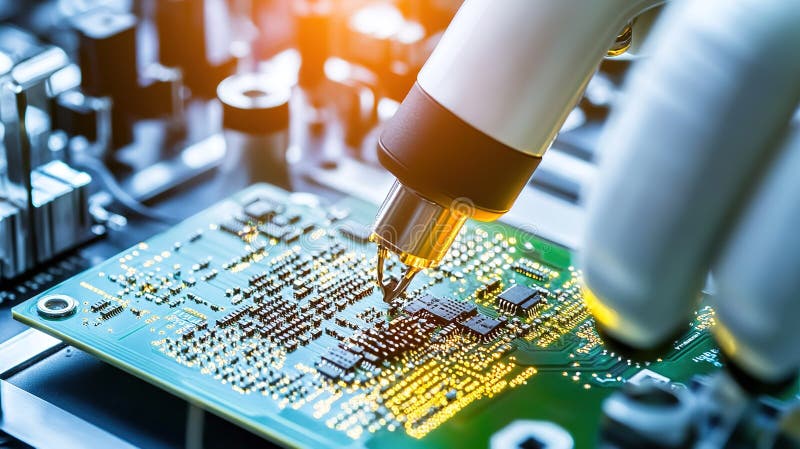 Technician Soldering a Circuit Board in a Well-lit Electronics Workshop during Daytime Hours ...