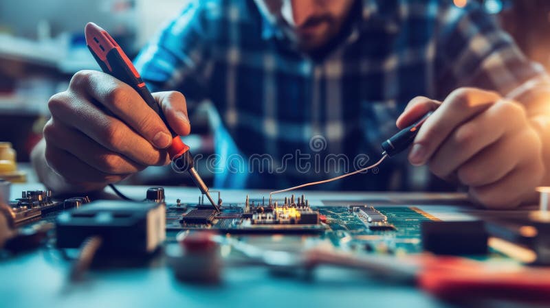 A Technician Soldering Components on a Circuit Board in a Workshop ...