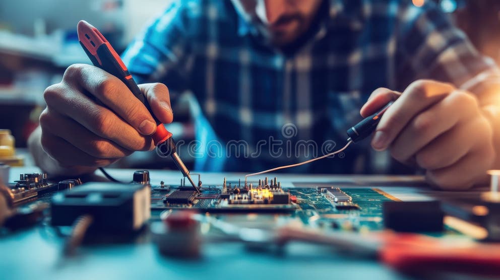 A Technician Soldering Components on a Circuit Board in a Workshop ...