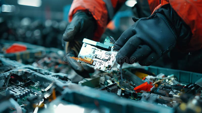 Technician Sorting Electronic Waste Components in Recycling Facility ...