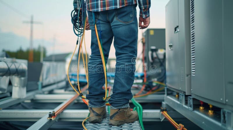 A Technician Standing on the Roof Wiring Control Panels and Sensors for ...