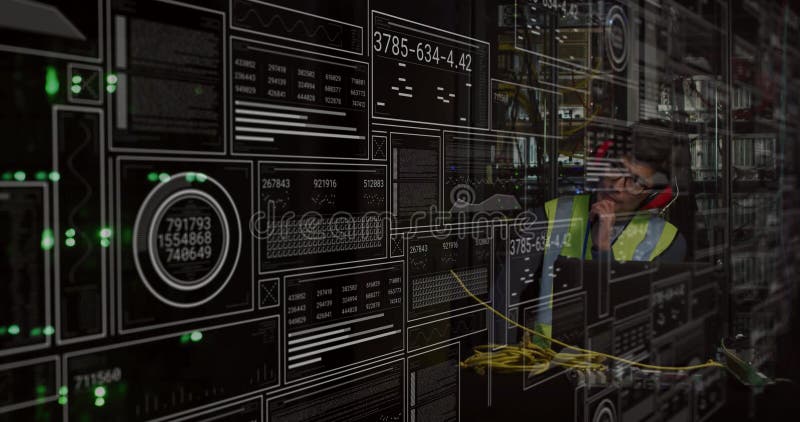 Technician Studying Emerging UI Overlay at Data Center Rack Monitoring Server Metrics ...